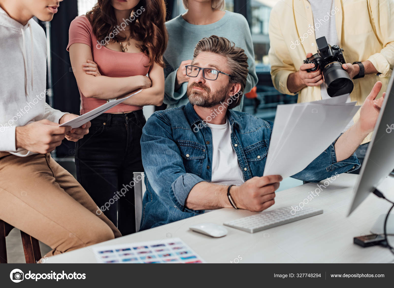 Handsome Art Director Holding Photos Looking Assistants — Stock Photo ...