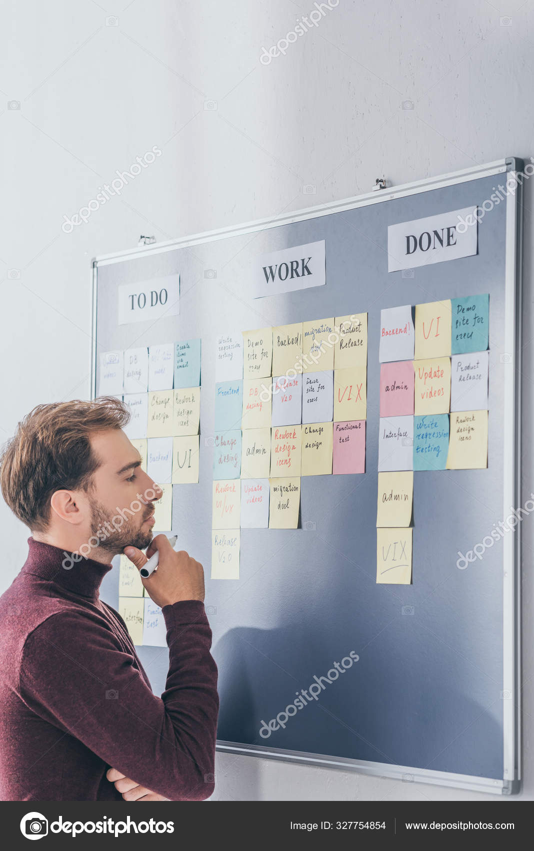 Side View Handsome Scrum Master Thinking Board Sticky Notes Letters ...
