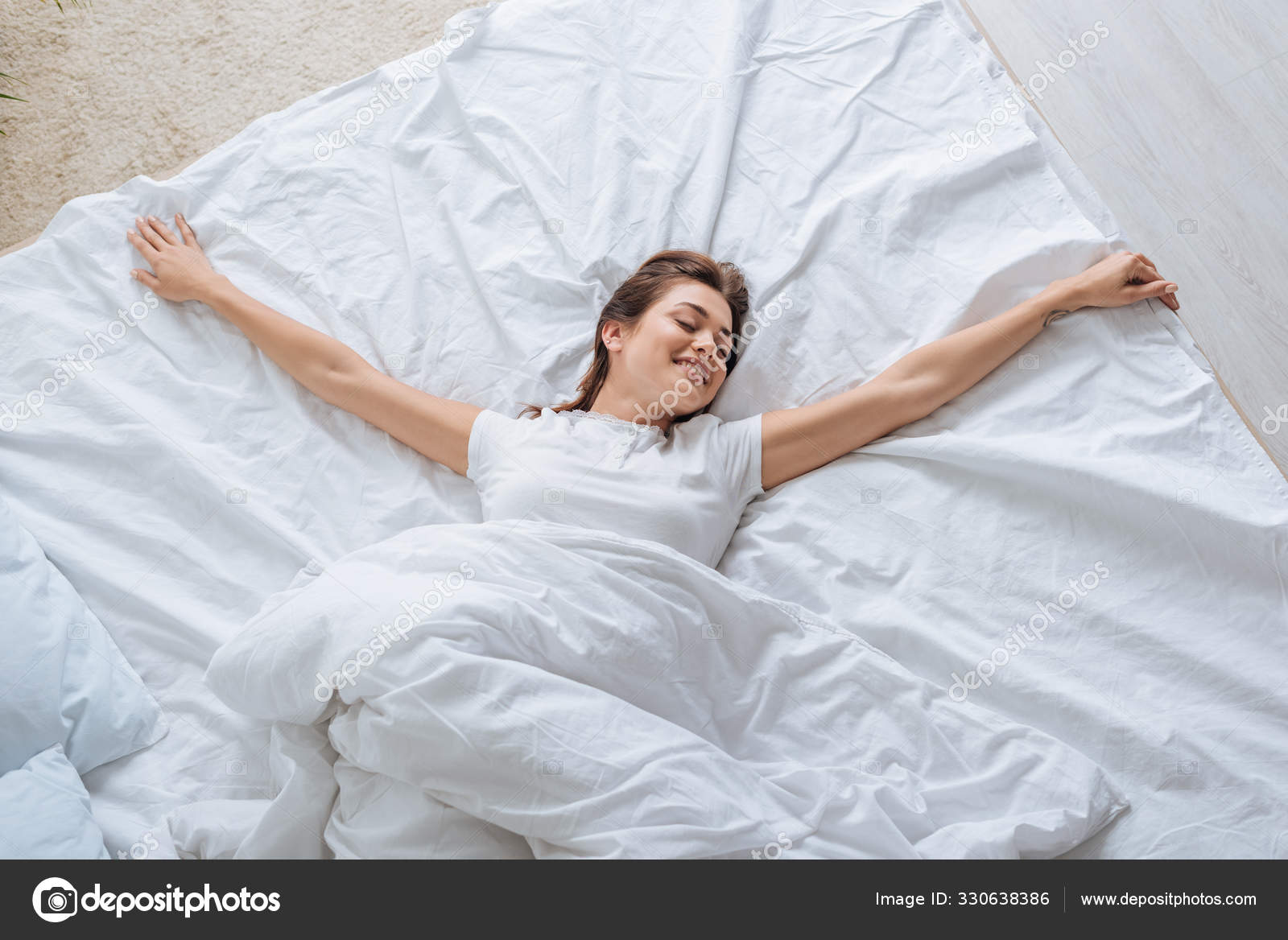 Top View Smiling Young Woman Closed Eyes Resting Bed Stock Photo by ... Top View Smiling Young Woman Closed Eyes Resting Bed Stock Photo by ...