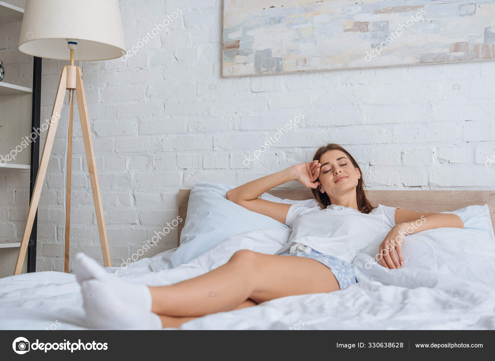 Selective Focus Dreamy Girl Socks Lying Bed Stock Photo by ©HayDmitriy ...