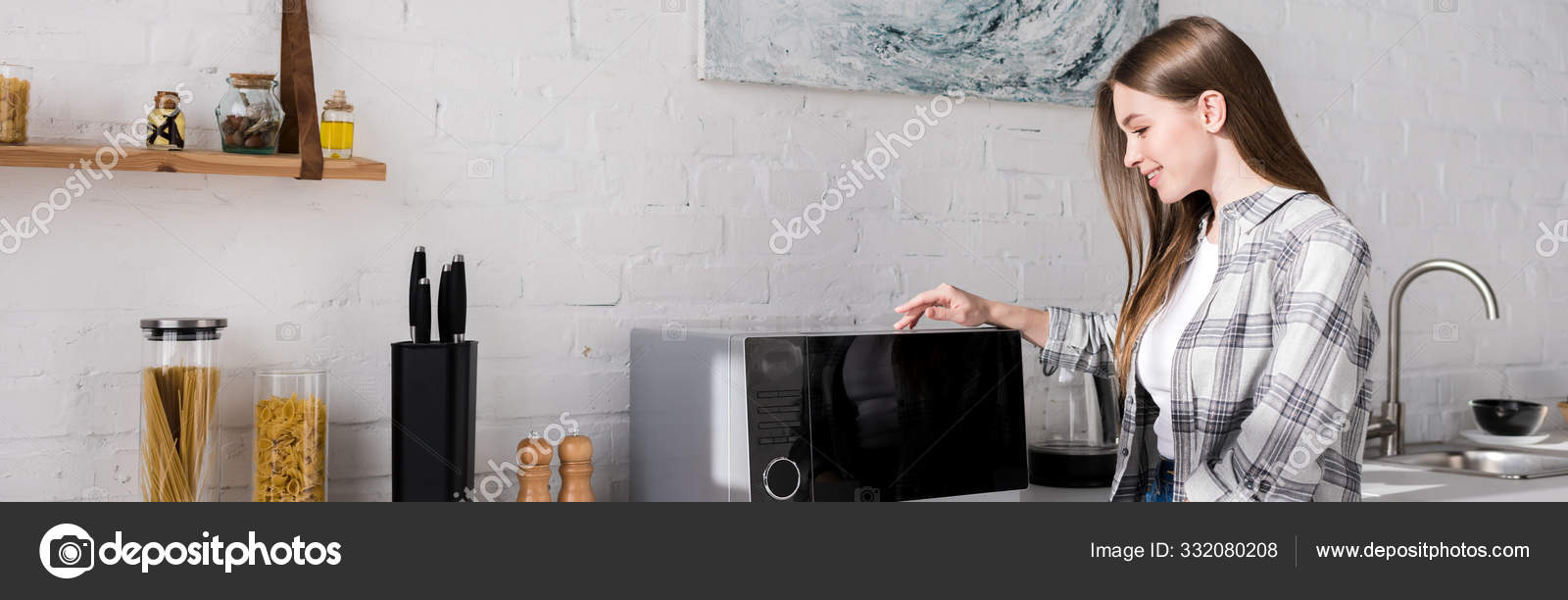 Panoramic Shot Smiling Woman Looking Microwave Kitchen — Stock Photo ...