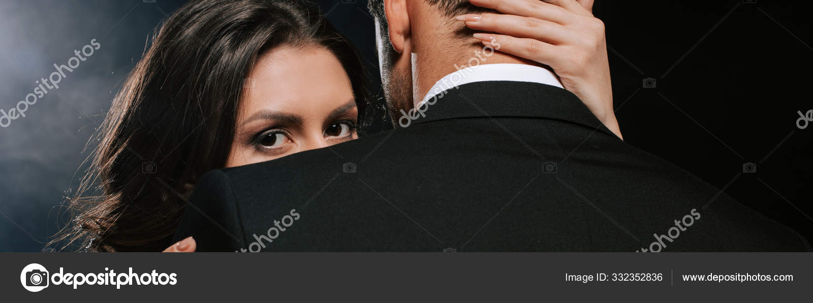 Panoramic Shot Woman Hugging Man Looking Camera Black ⬇ Stock Photo ...