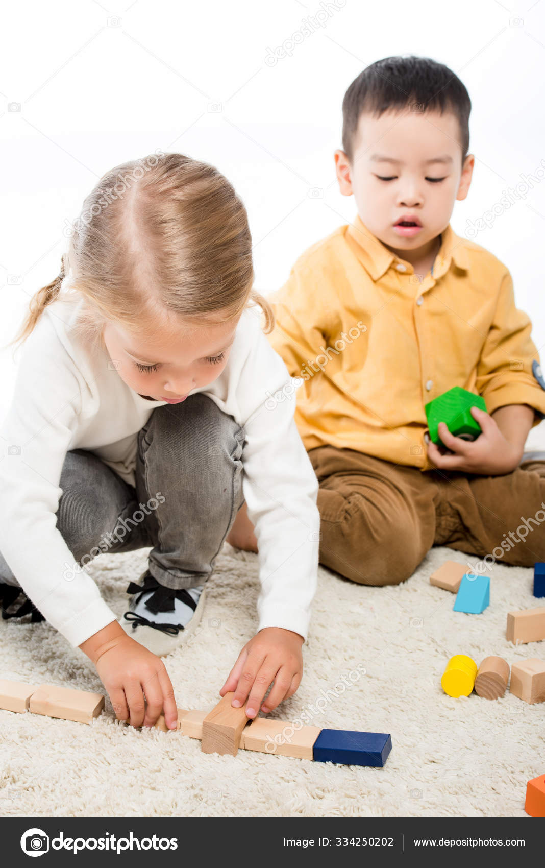 Multicultural Children Playing Wooden Blocks Carpet Isolated White ...