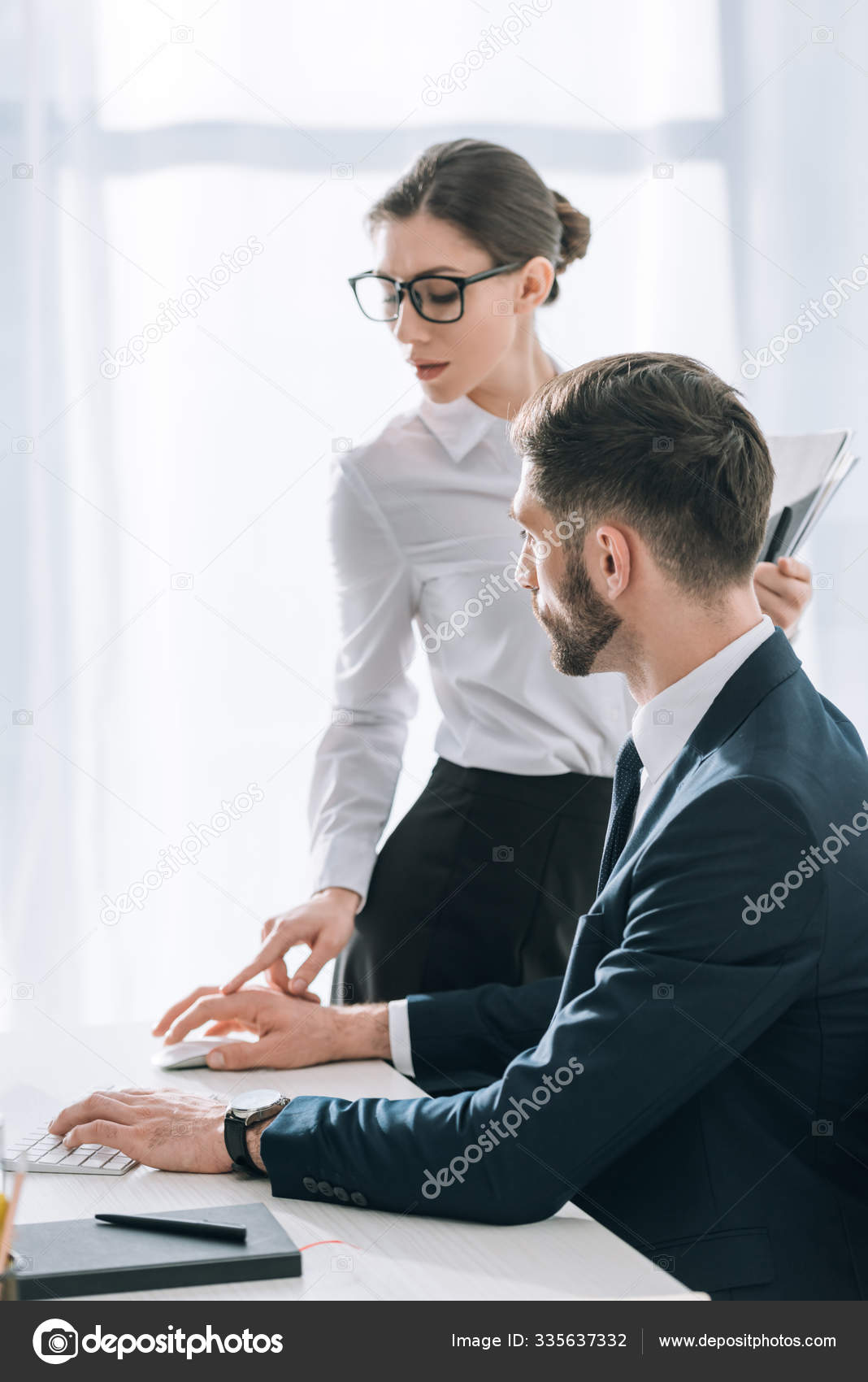 Attractive Secretary Touching Shoulder Businessman Office Stock Photo ...