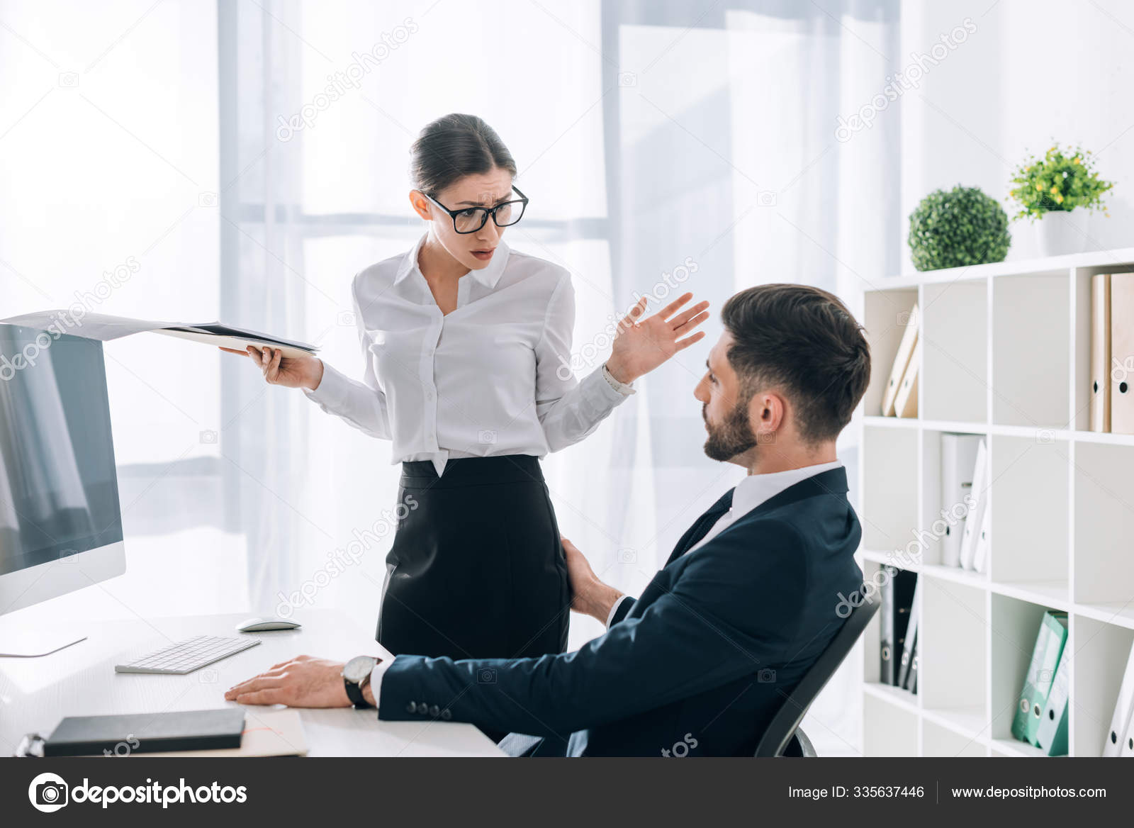Businessman Touching Butt Shocked Secretary Folder Office — Stock Photo ...
