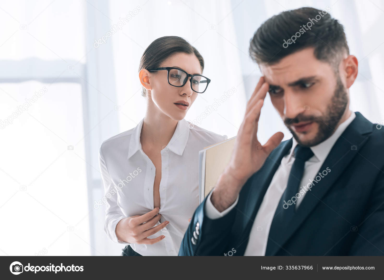 Selective Focus Secretary Big Bust Seducing Scared Businessman Office ...