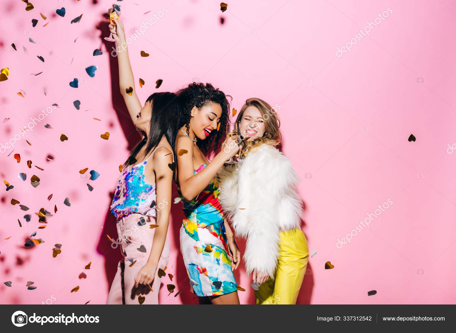 Excited Multicultural Girls Dancing Glasses Champagne Pink Confetti ...
