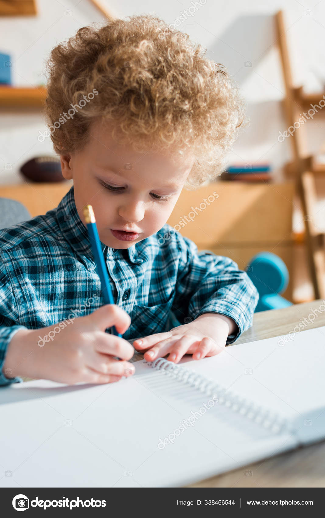 Smart Curly Kid Drawing Blue Pencil Paper — Stock Photo © HayDmitriy ...