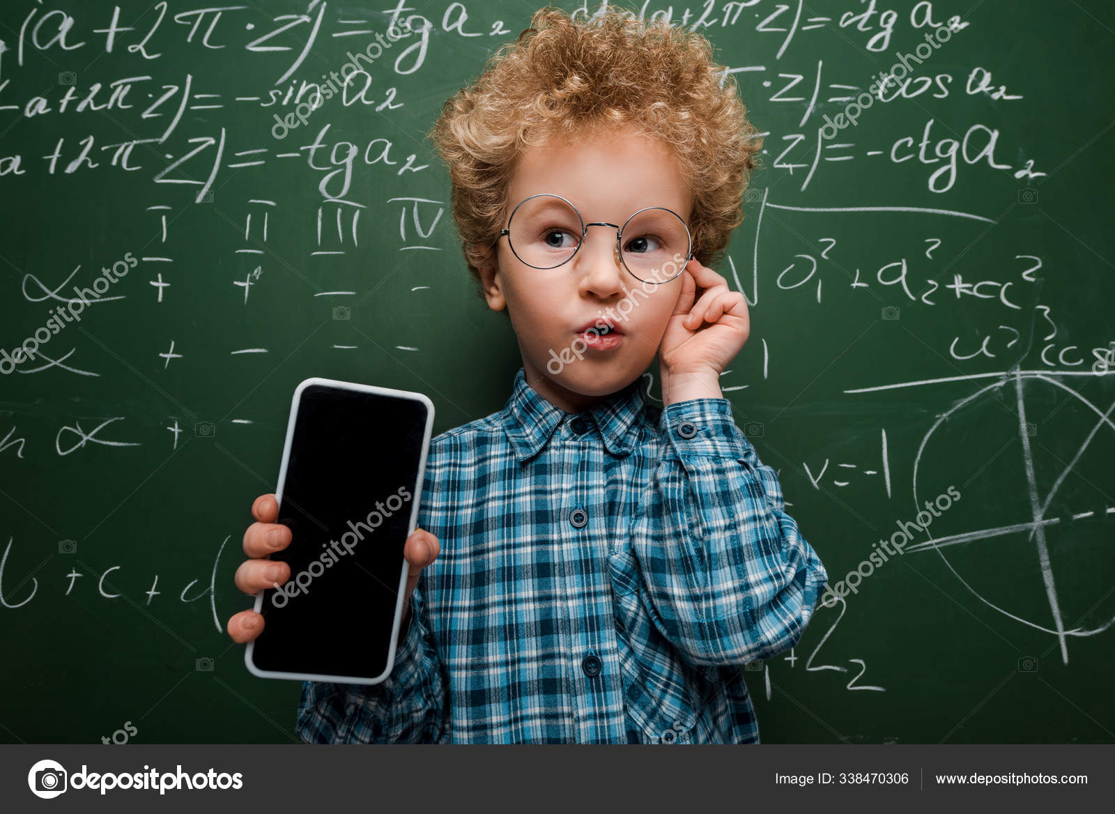 Smart Child Holding Smartphone Blank Screen Touching Glasses Chalkboard ...