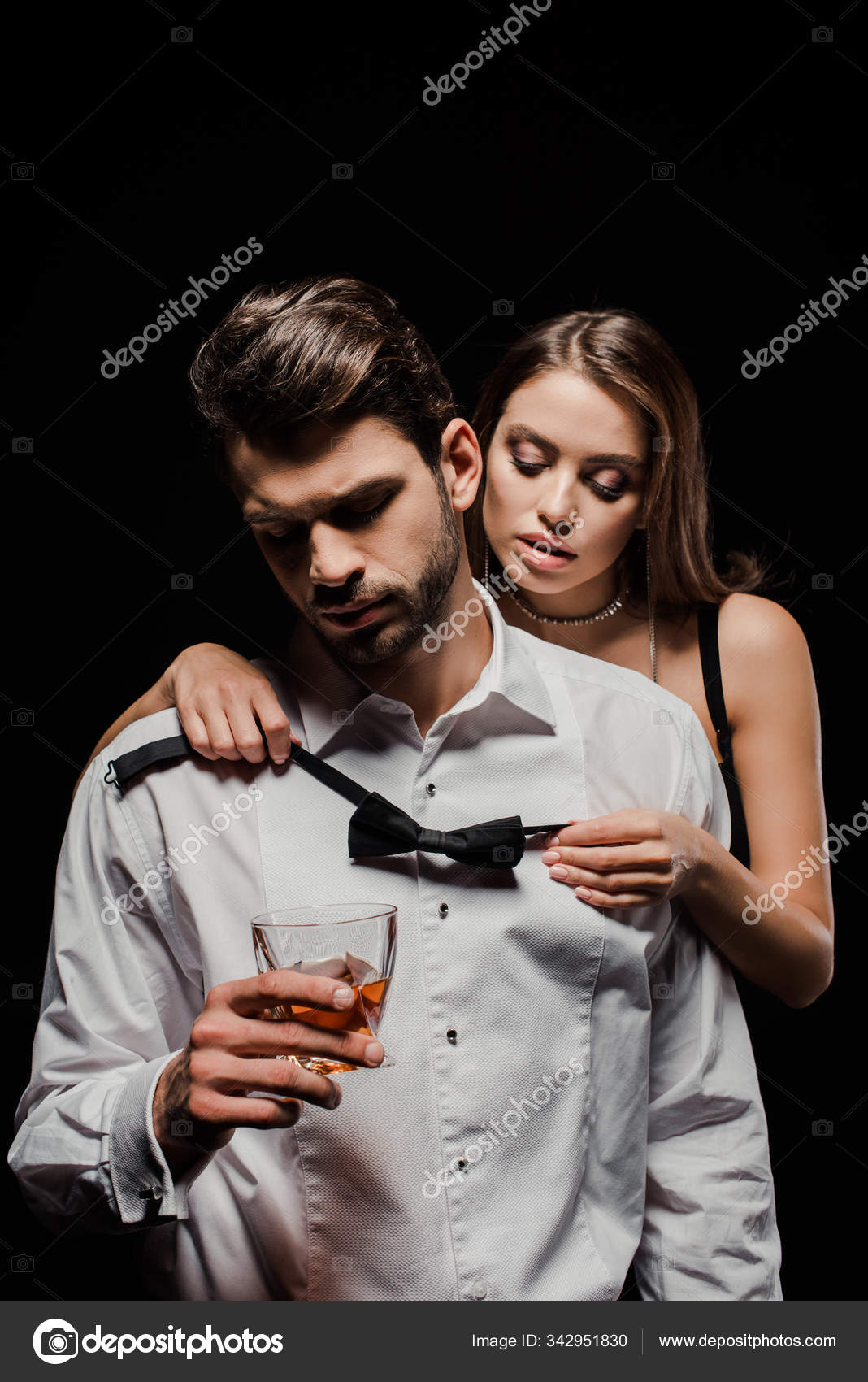 Attractive Woman Holding Bow Tie Man Glass Whiskey Isolated Black ...