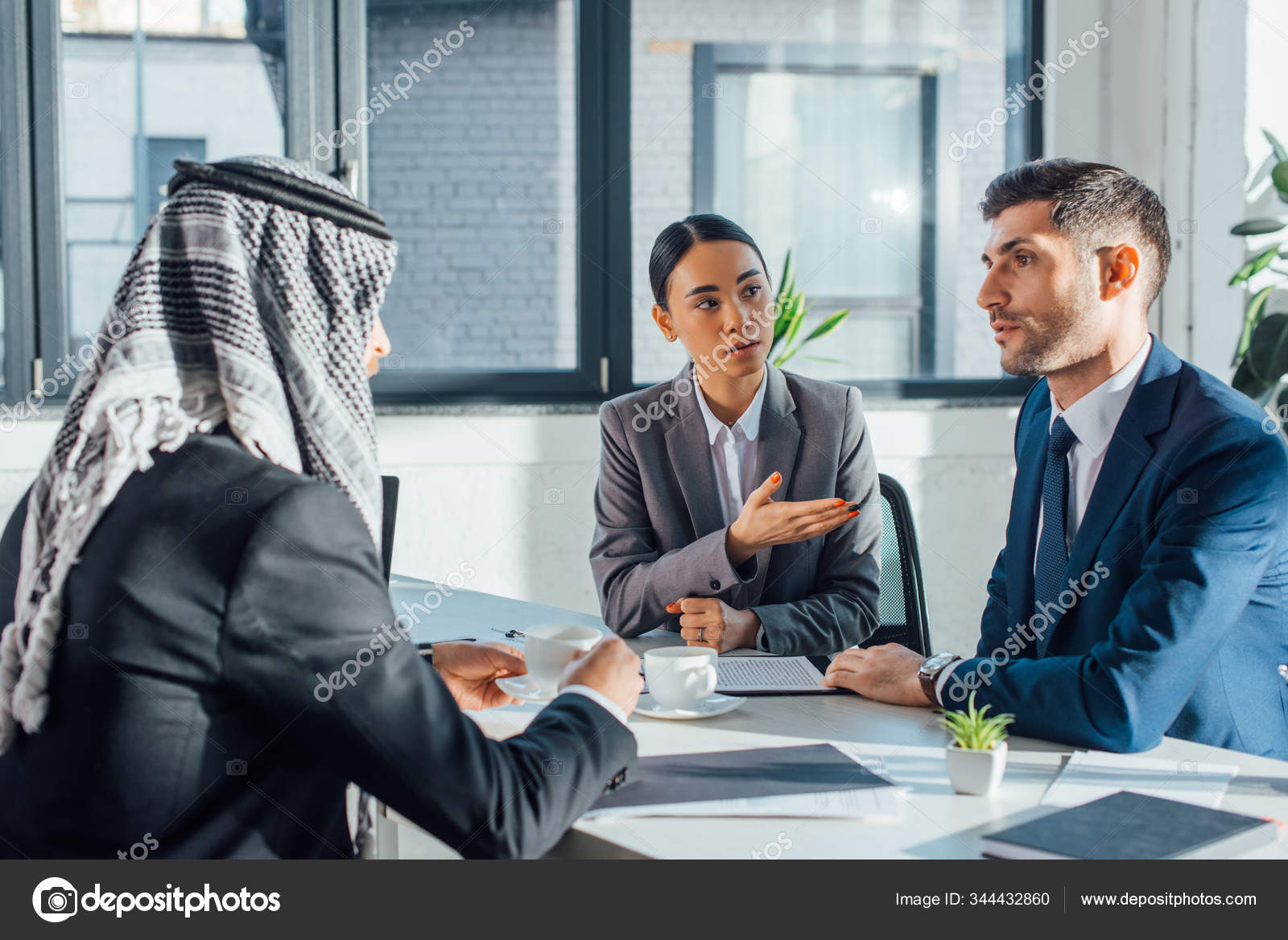 Multicultural Business Partners Talking Meeting Translator Office Stock ...