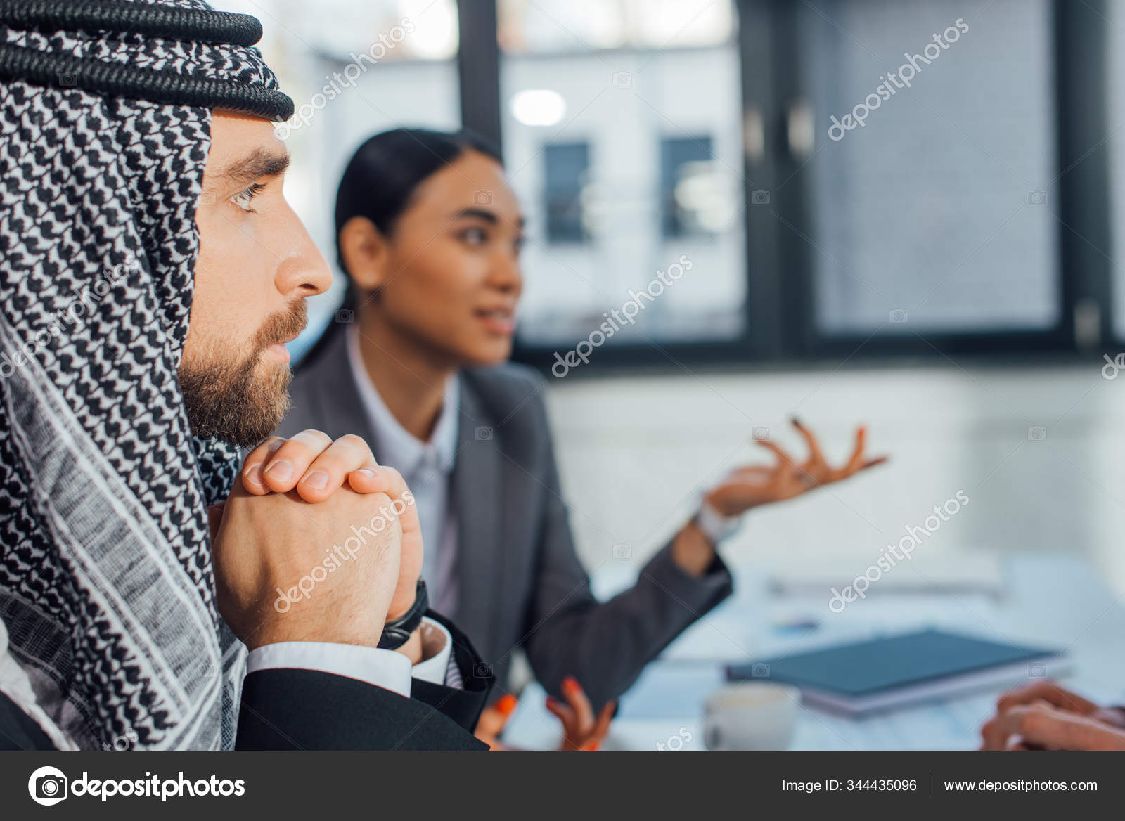 Arabic Businessman Translator Talking Partner Modern Office — Stock ...