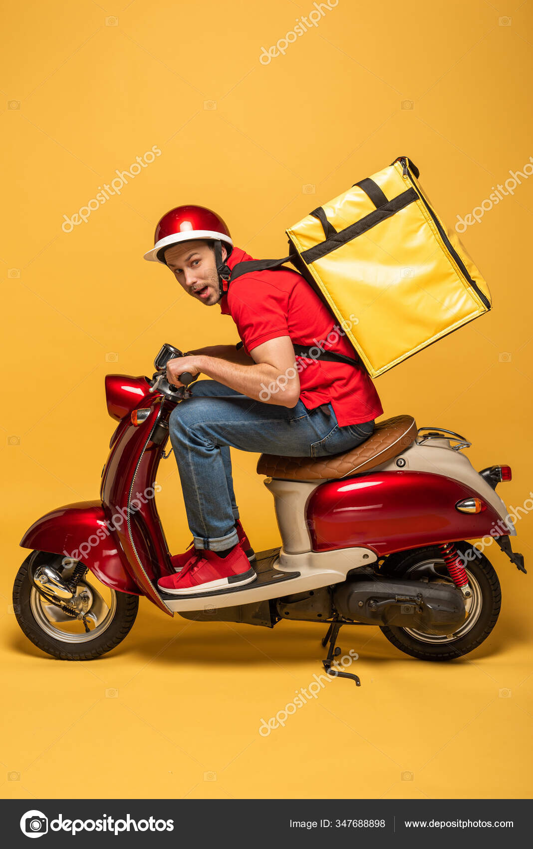 Side View Delivery Man Backpack Scooter Yellow Background Stock Photo ...