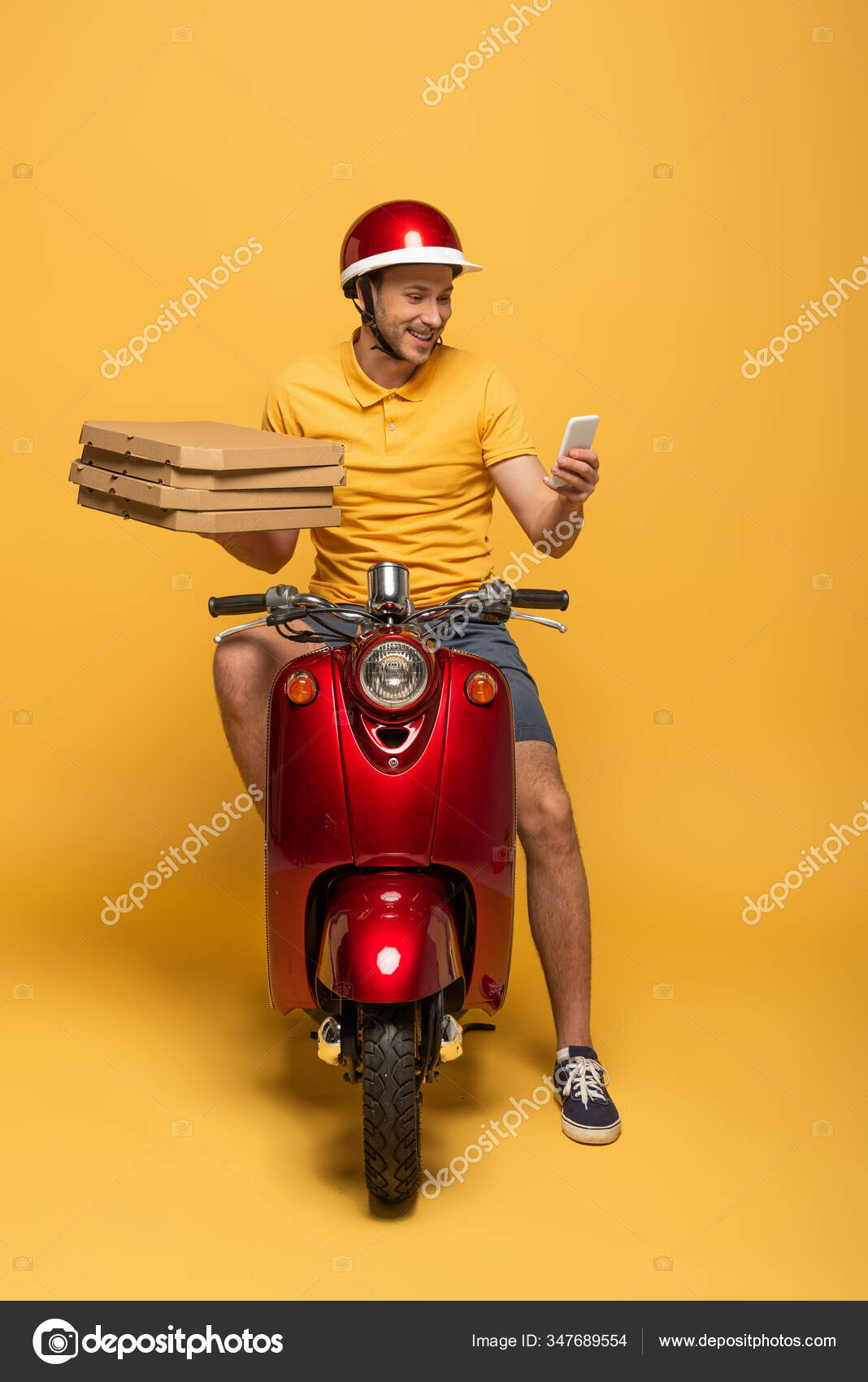 Smiling Delivery Man Yellow Uniform Riding Scooter Pizza Boxes Using ...