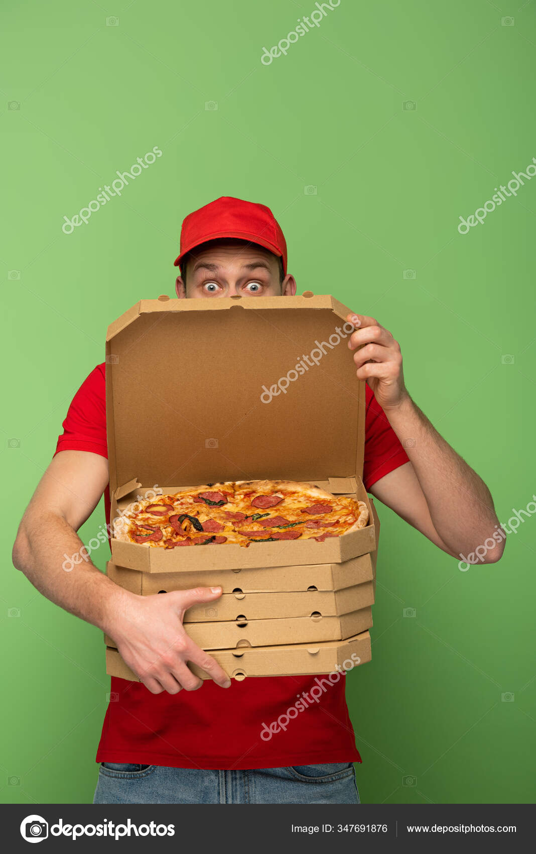Shocked Delivery Man Red Uniform Hiding Pizza Boxes Green — Stock Photo ...
