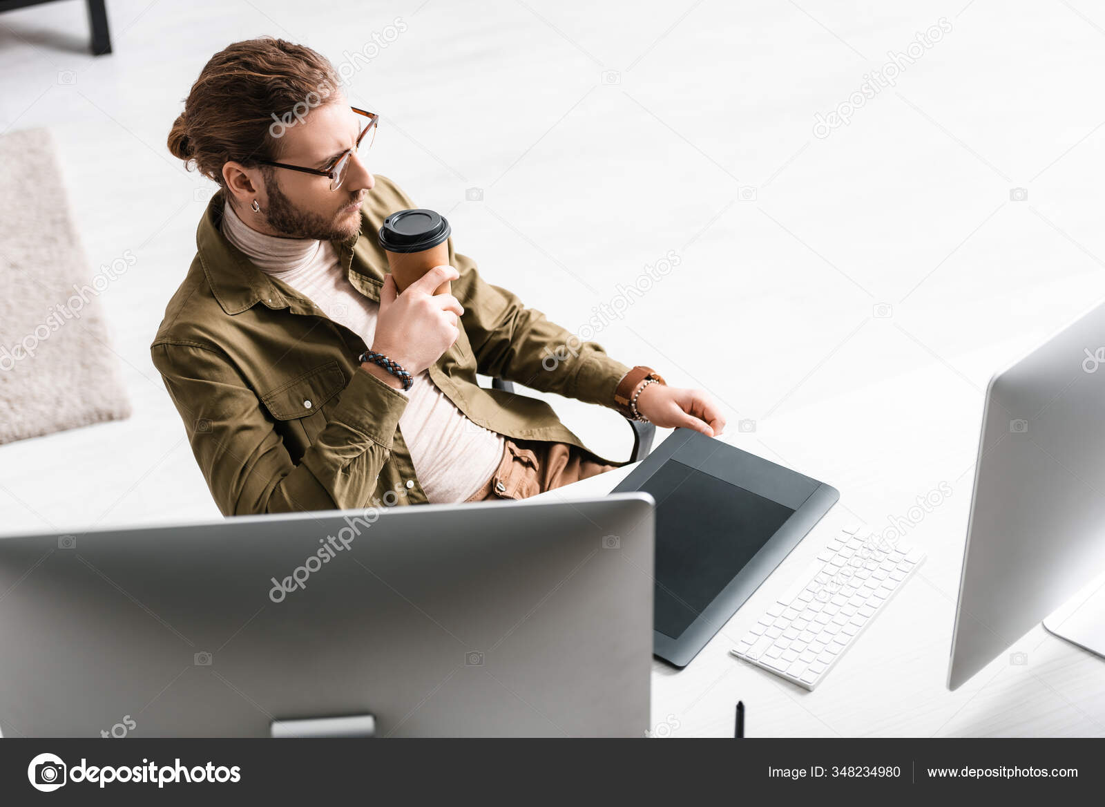 High Angle View Digital Designer Drinking Coffee Computers Graphics ...