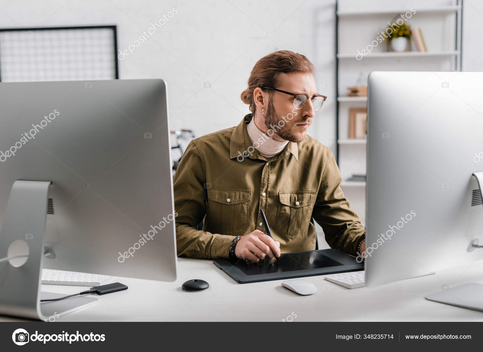 Handsome Designer Working Computers Graphics Tablet Table Office ...