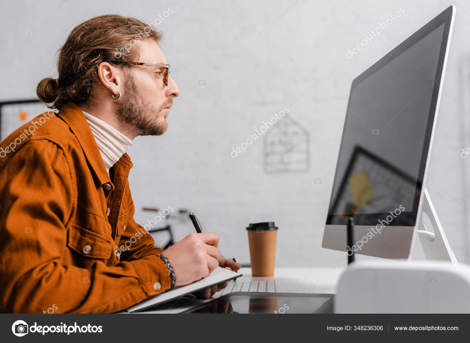 Side View Artist Looking Computer Monitor Writing Notebook Table ...
