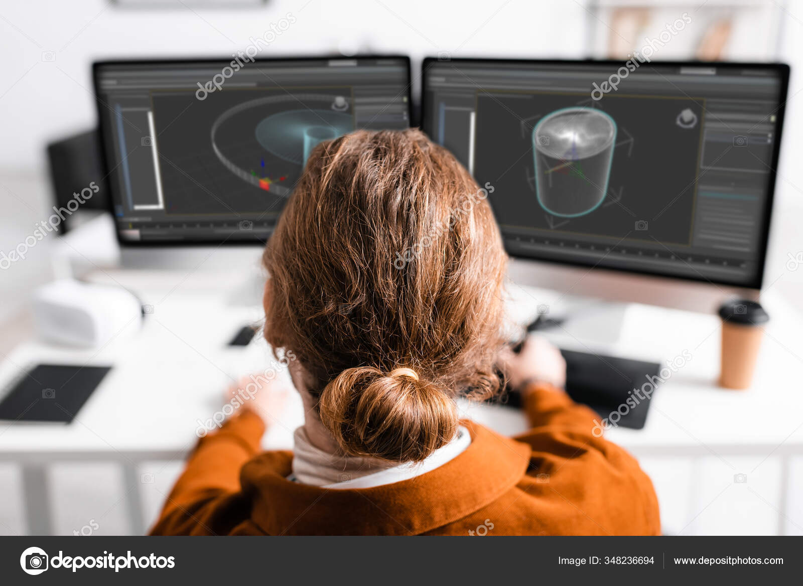 Back View Digital Designer Using Graphics Tablet Computers While ...