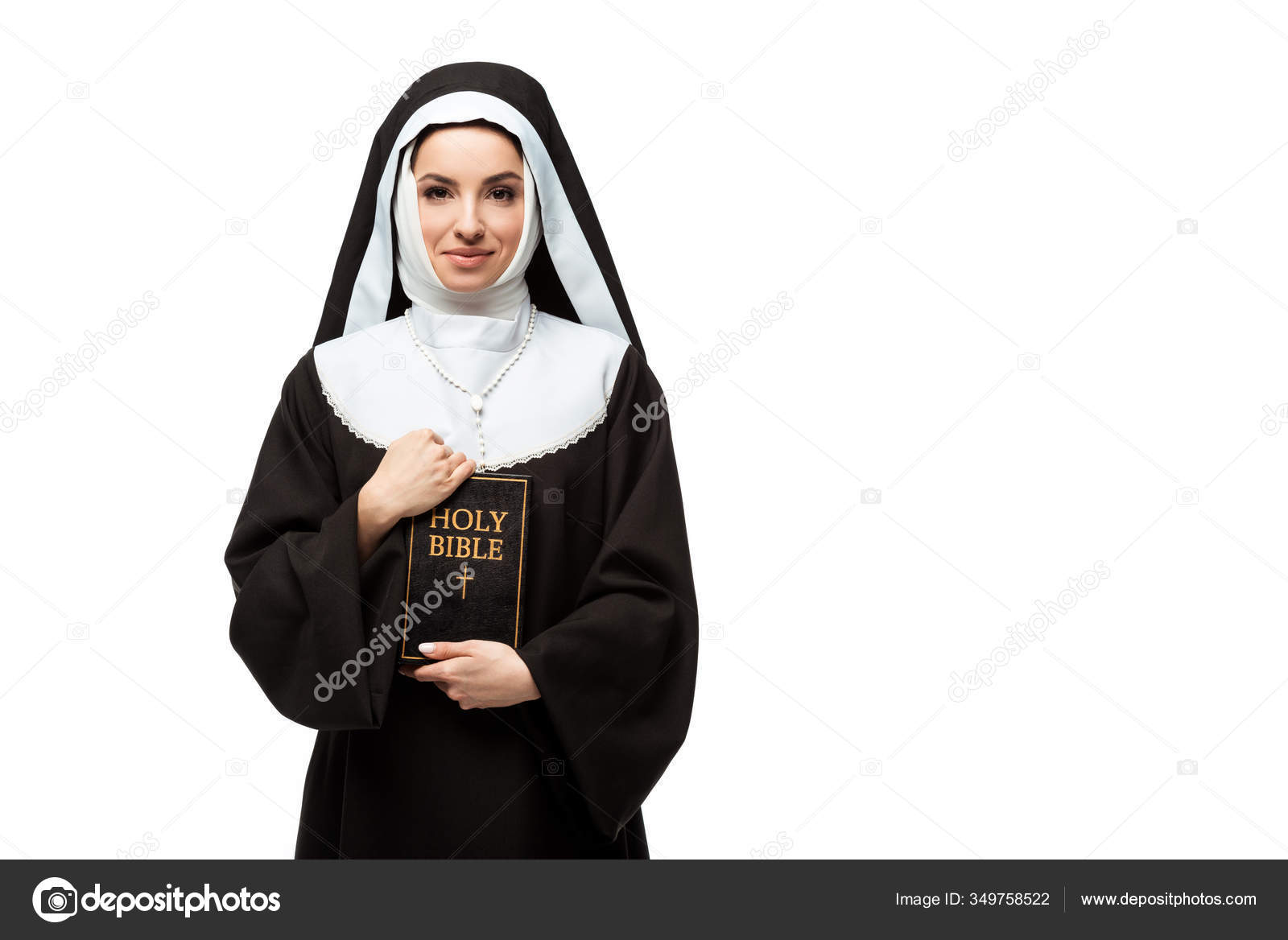Beautiful Happy Nun Holding Holy Bible Isolated White Stock Photo by ...