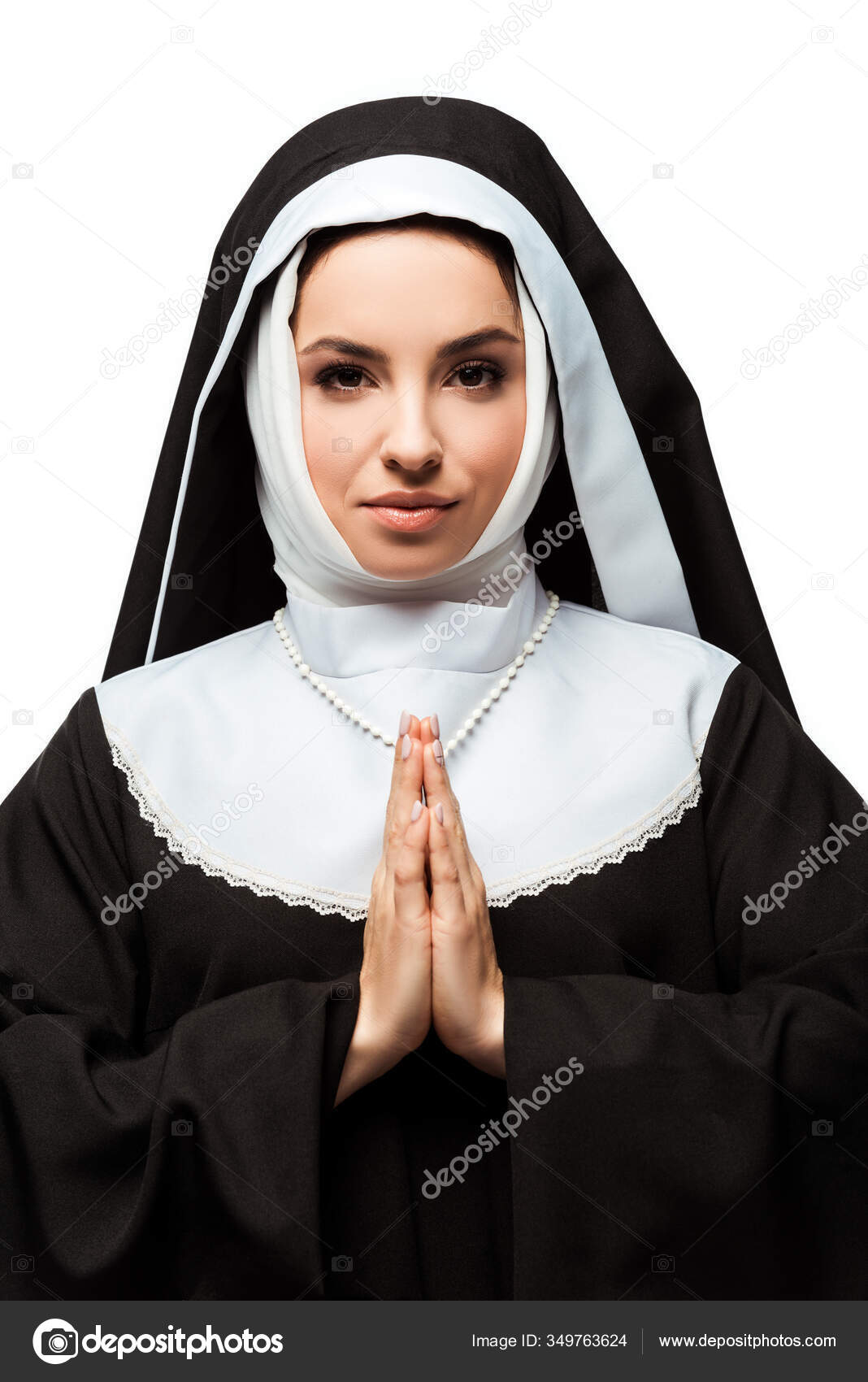 Beautiful Smiling Nun Praying Hands Together Isolated White Stock Photo ...