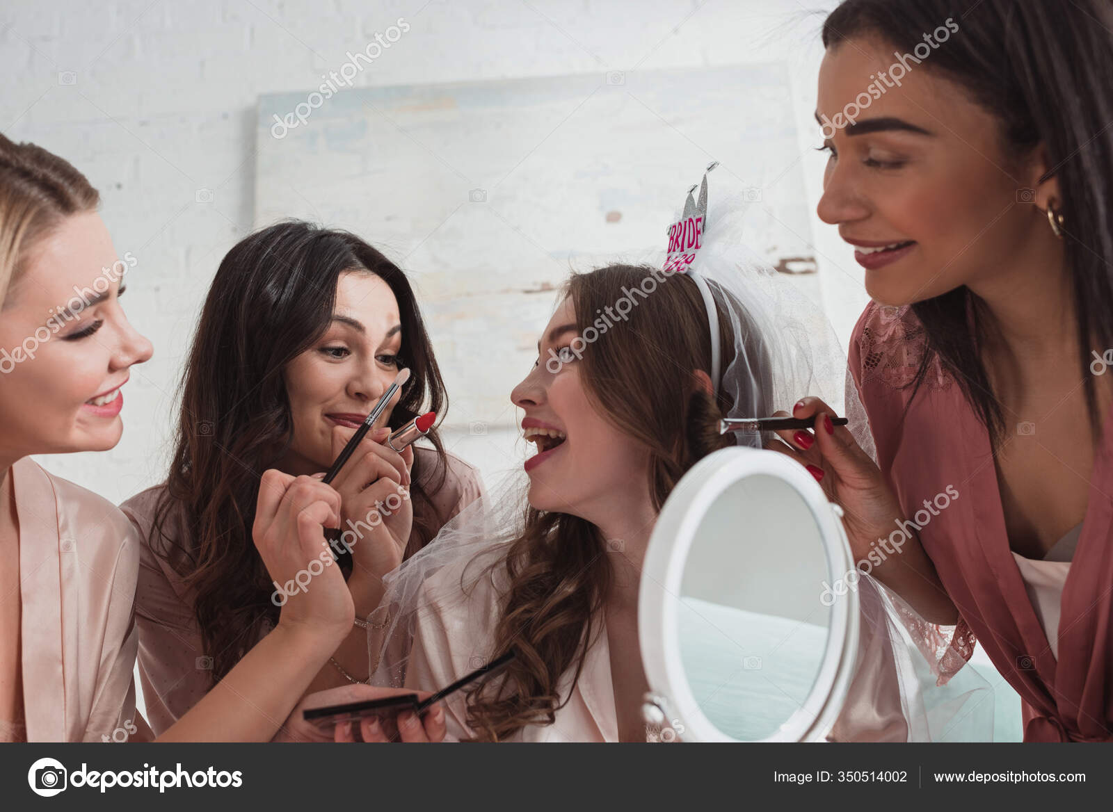 Multicultural Friends Putting Makeup Happy Bride Bachelorette Party ...