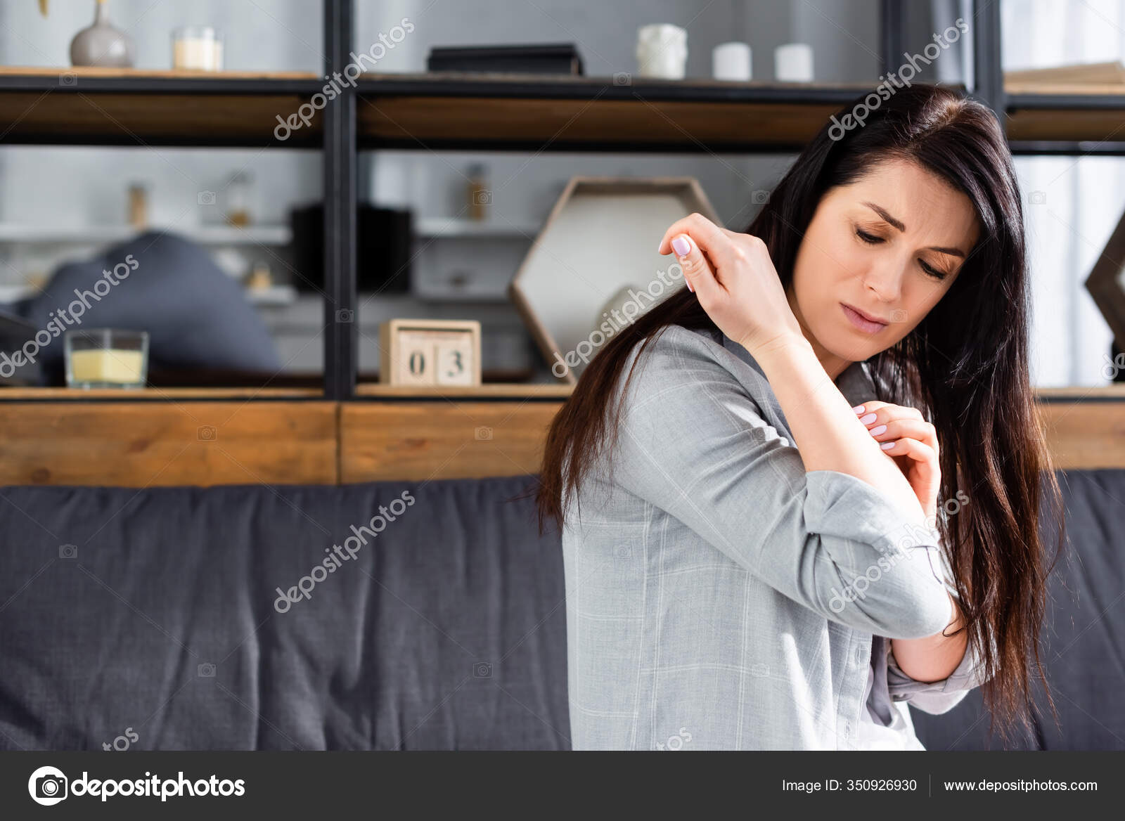 Upset Allergic Woman Scratching Hand — Stock Photo © HayDmitriy #350926930