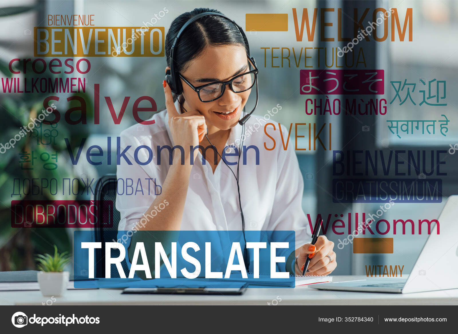 Smiling Asian Translator Working Online Headset Laptop Office Welcome ...