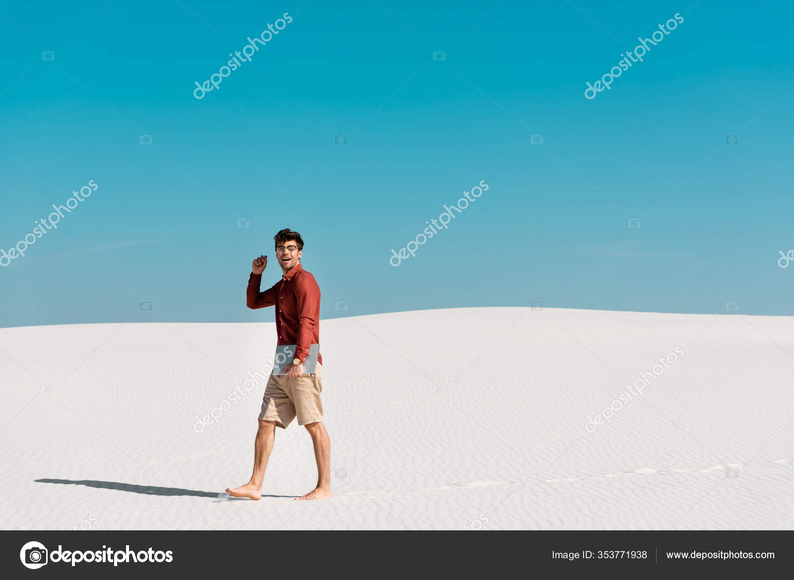 Handsome Freelancer Sandy Beach Laptop Clear Blue Sky Stock Photo by ...