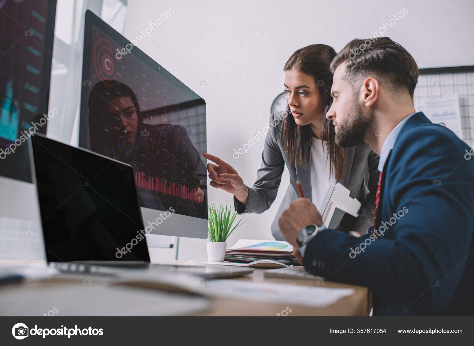 Selective Focus Information Security Analysts Using Charts Computer Monitors While Stock Photo ...