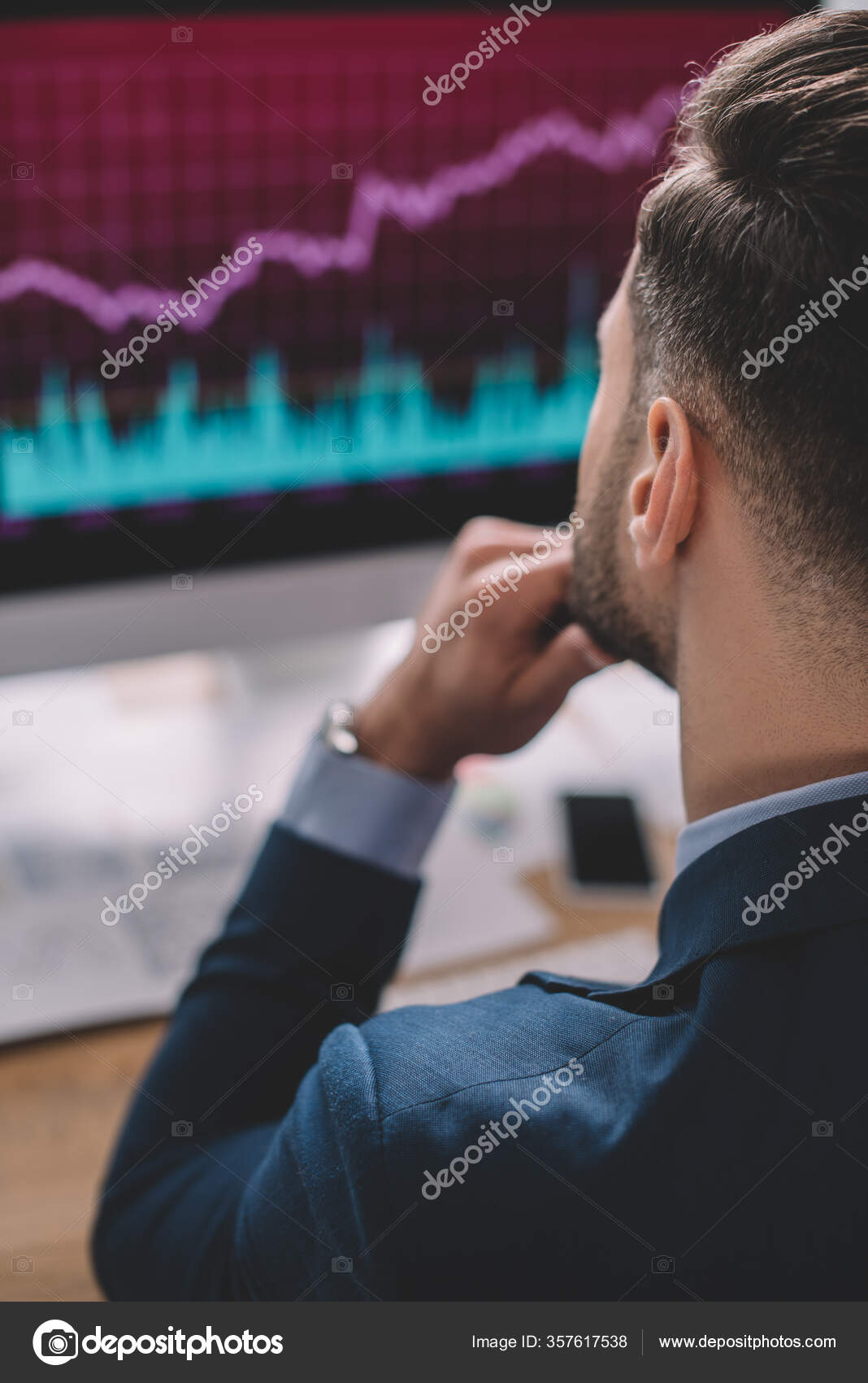 Back View Information Security Analyst Looking Charts Computer Monitor ...