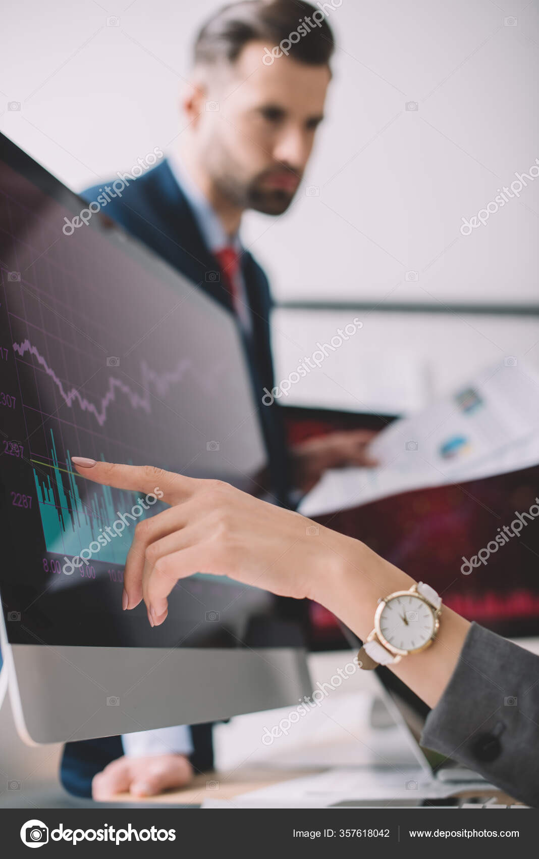 Selective Focus Data Analyst Pointing Charts Computer Monitor Colleague ...