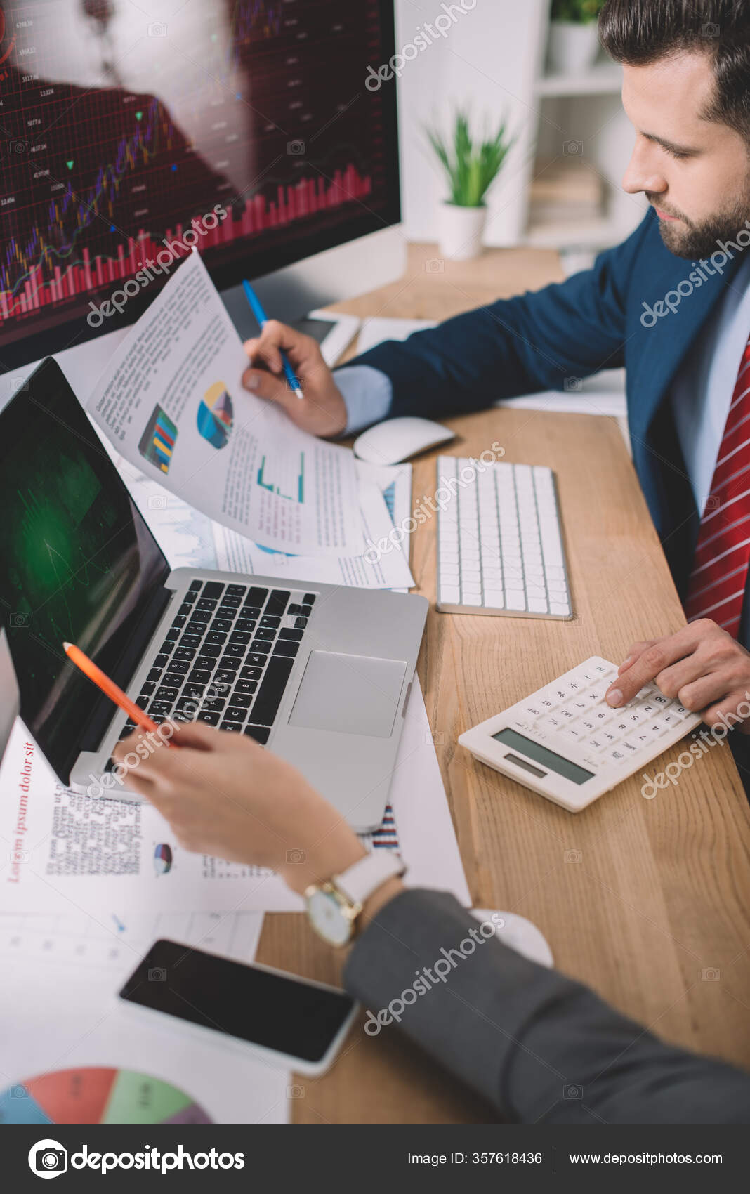 Selective Focus Data Analyst Working Charts Calculator Colleague Pointing Laptop — Stock Photo ...