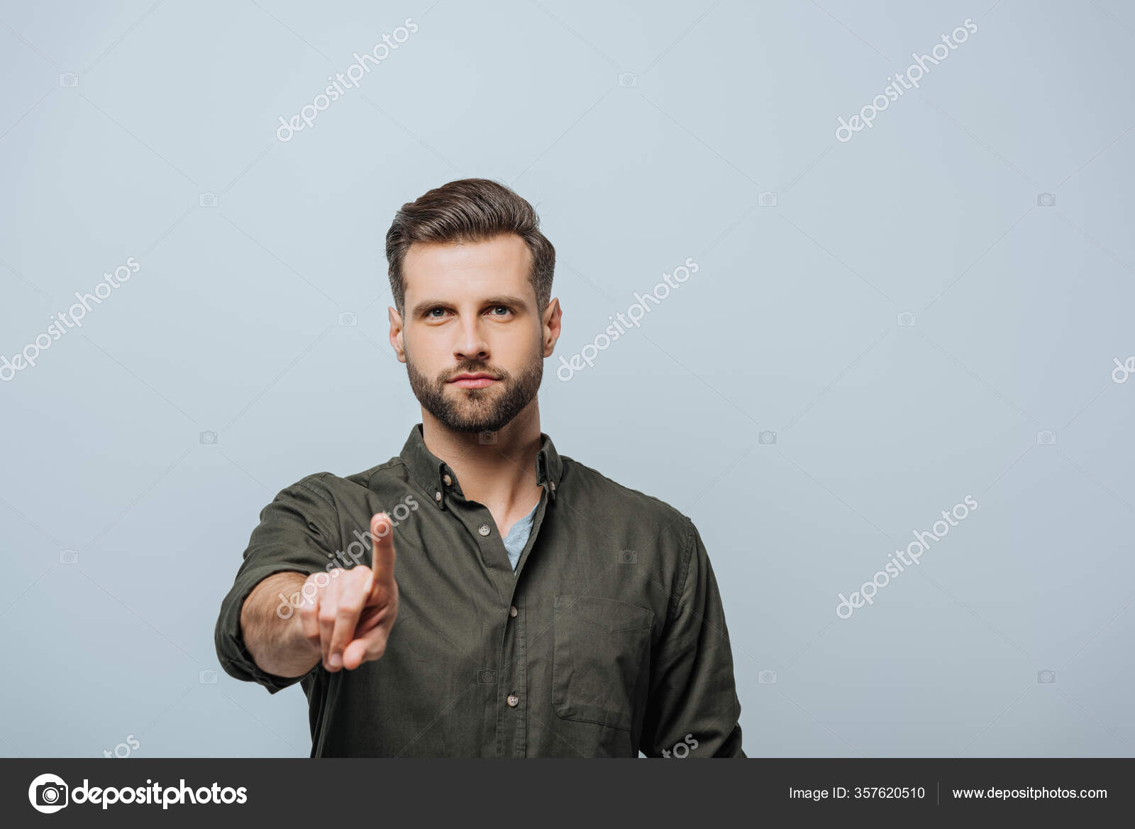 Handsome Man Pointing Finger Looking Camera Isolated Grey — Stock Photo ... Handsome Man Pointing Finger Looking Camera Isolated Grey — Stock Photo ...