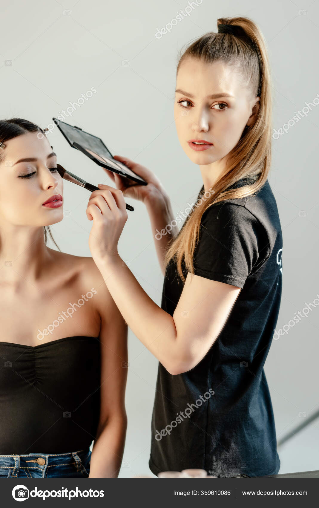 Young Makeup Artist Applying Concealer Beautiful Model — Stock Photo ...