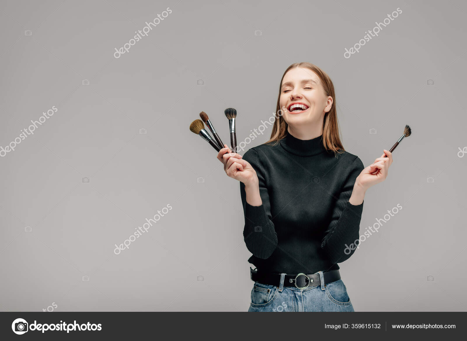 Happy Makeup Artist Holding Makeup Brush Set Isolated Grey — Stock ...