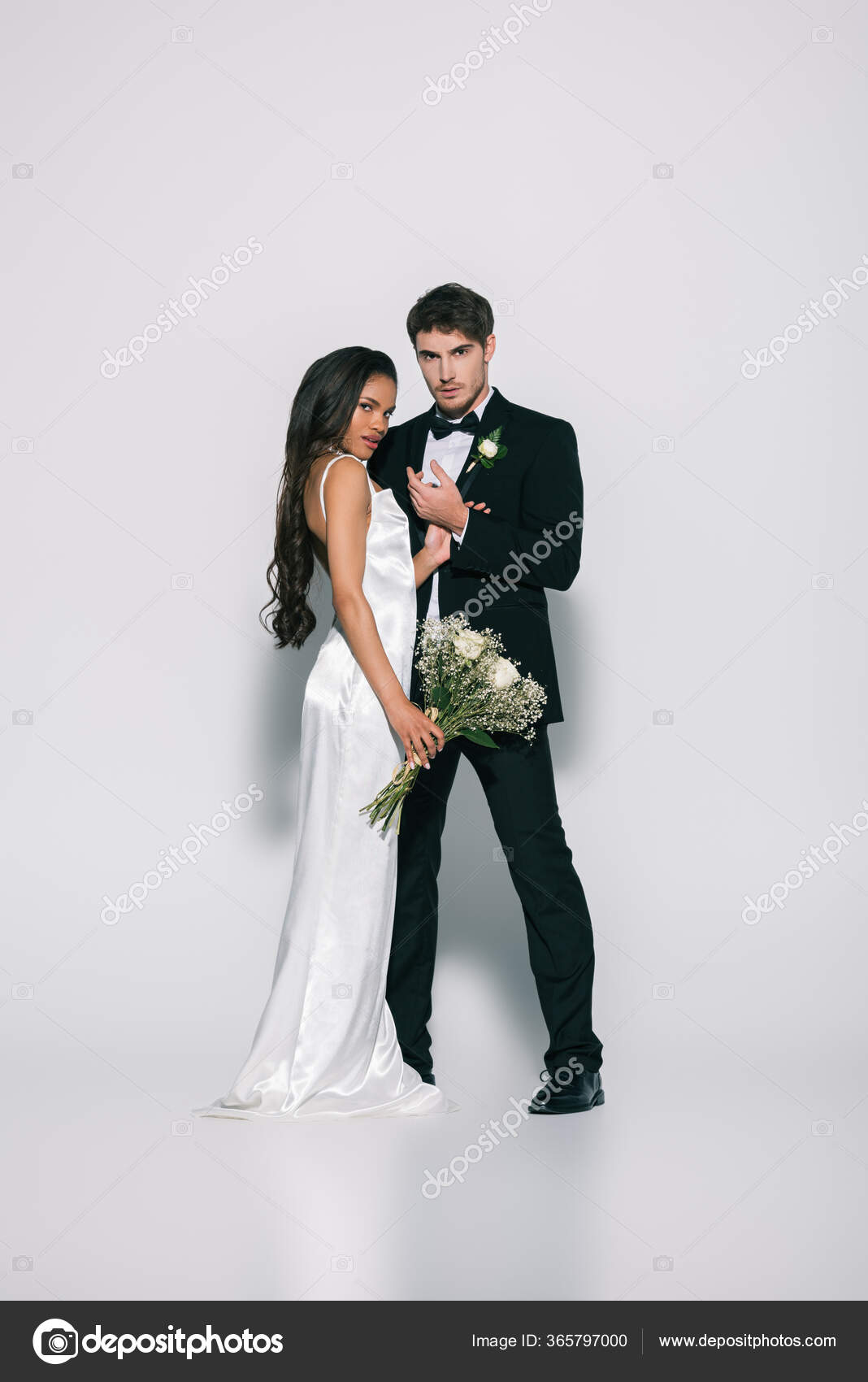 Full Length View Elegant Bridegroom Attractive African American Bride ...