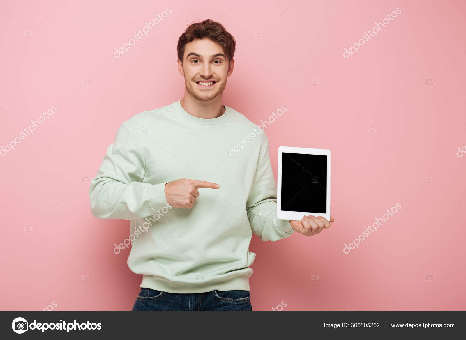 Smiling Man Pointing Finger Digital Tablet Blank Screen While Looking ...