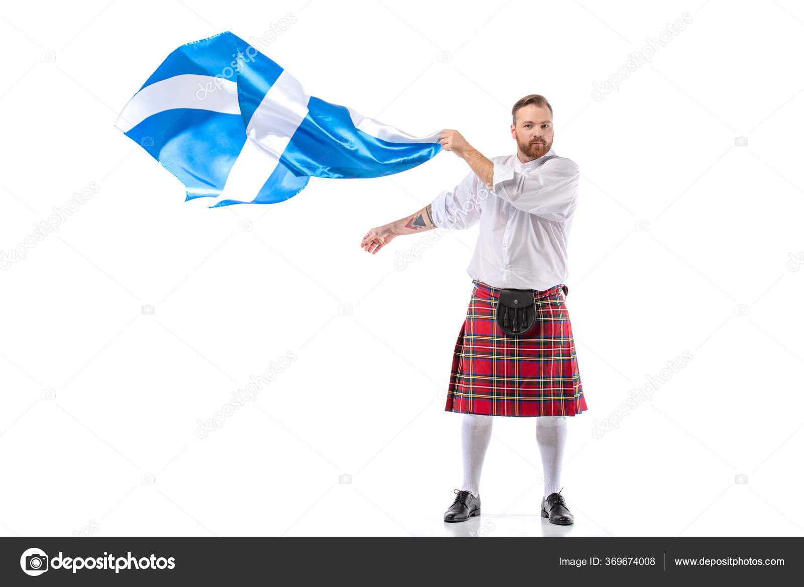 Scottish Redhead Man Red Kilt Flag Scotland White Background — Stock ...
