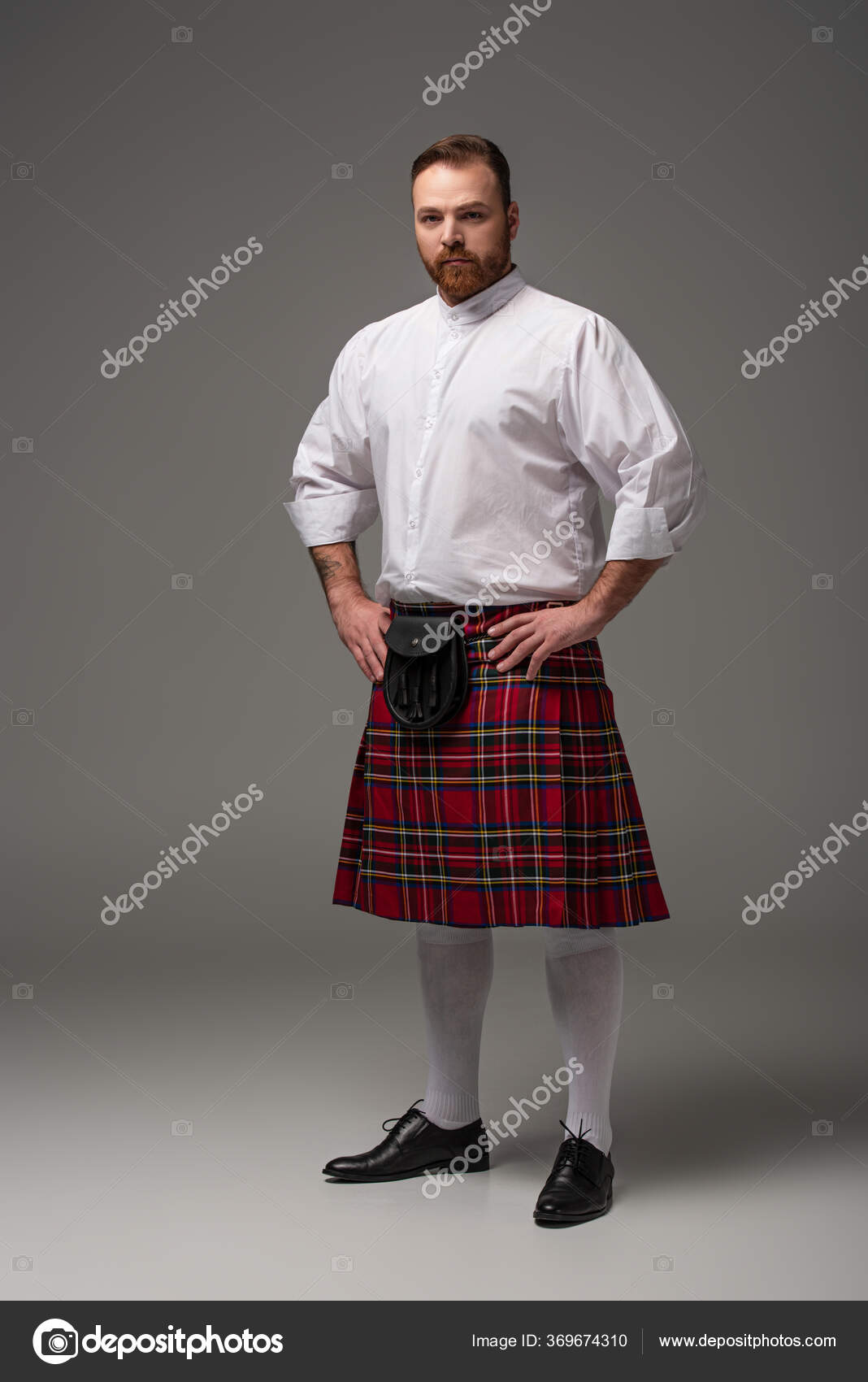 Scottish Redhead Man Red Kilt Grey Background Stock Photo by ...