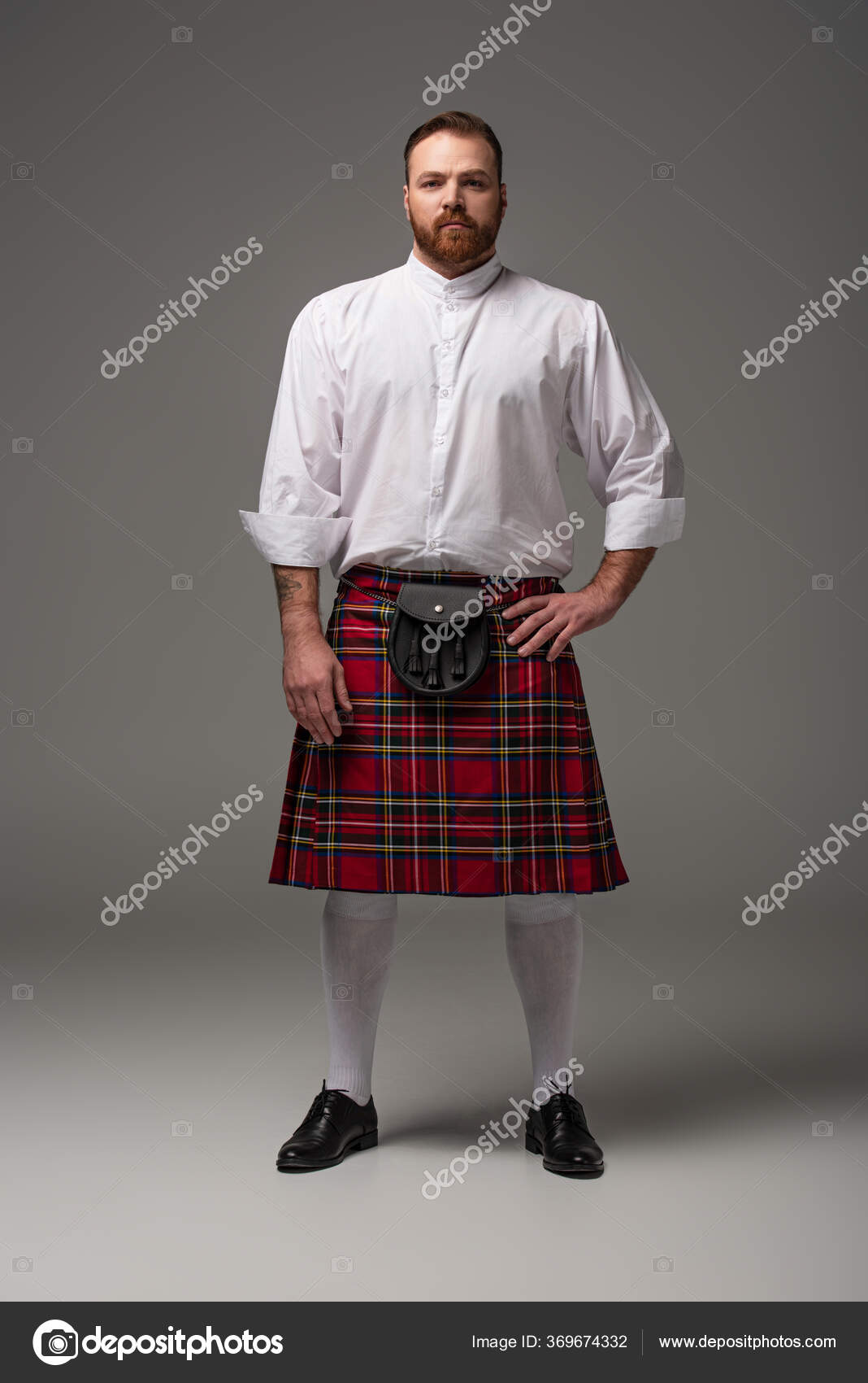 Scottish Redhead Man Red Kilt Hand Hip Grey Background ⬇ Stock Photo ...