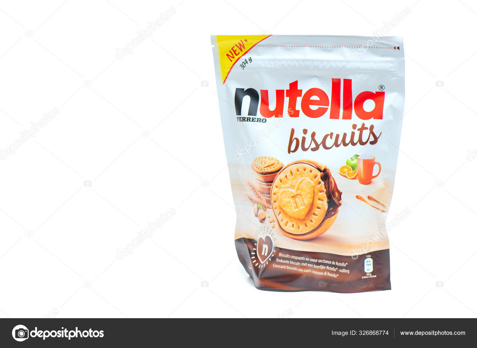 The new Nutella biscuits brand Ferrero Italia on a white backgro ...