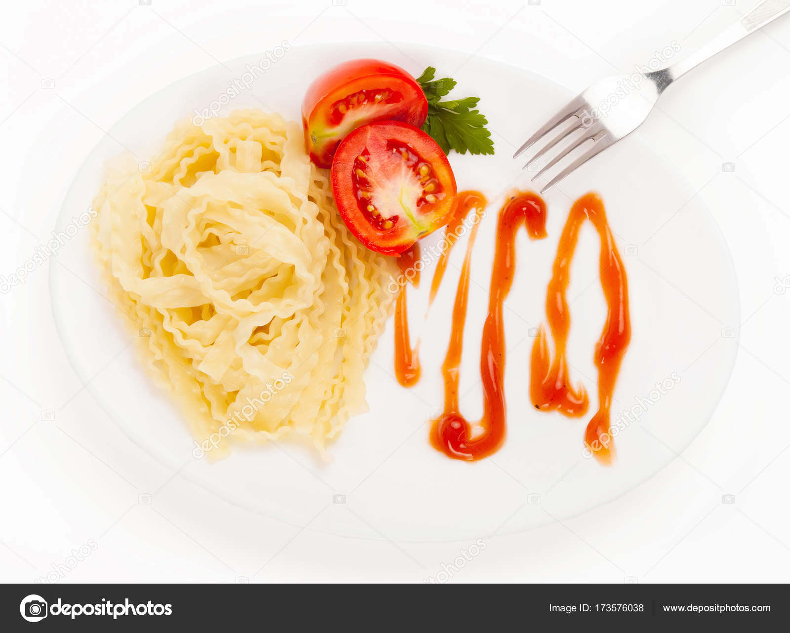 Spaghetti, pasta, macaroni on plate with tomato, green leaf and Stock ...