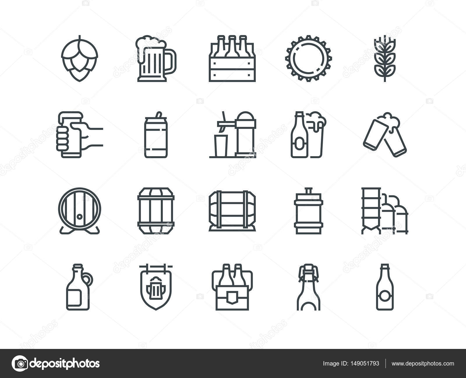 Beer. Set of outline vector icons. Includes such as Bottle, Barrel, Cup ...