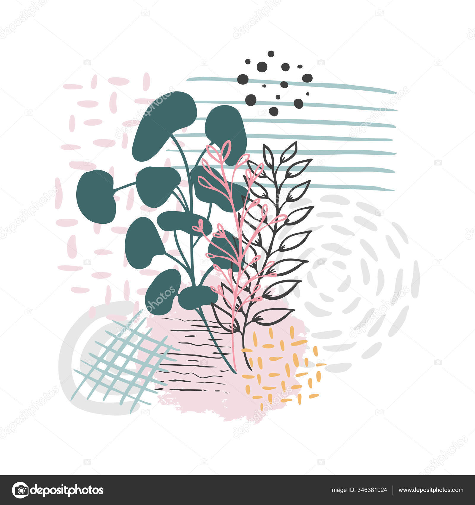 Set Abstract Floral Background Isolated White Vector Hand Draw Leaves ...