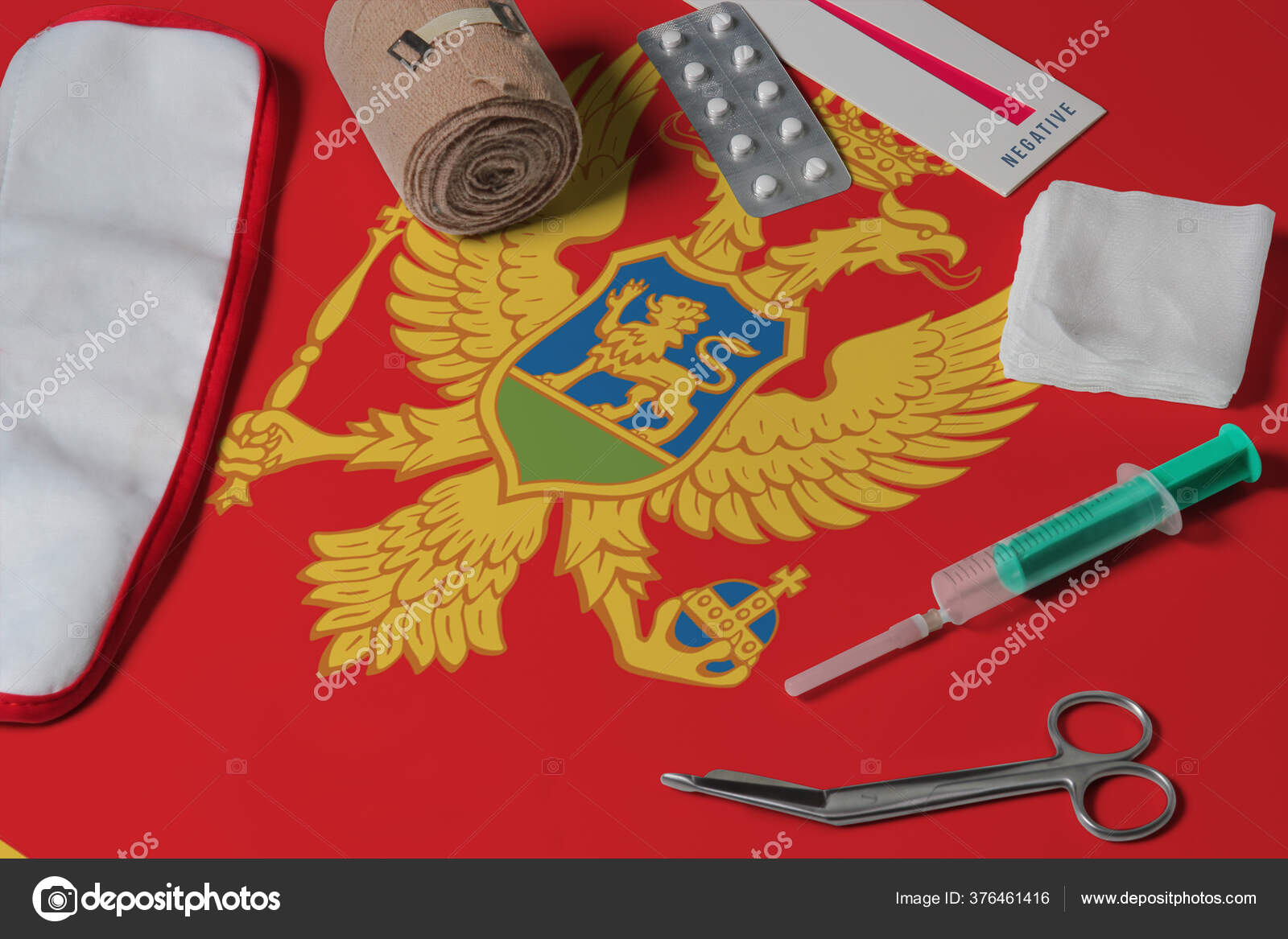 Montenegro Flag First Aid Medical Kit Wooden Table Background National ...