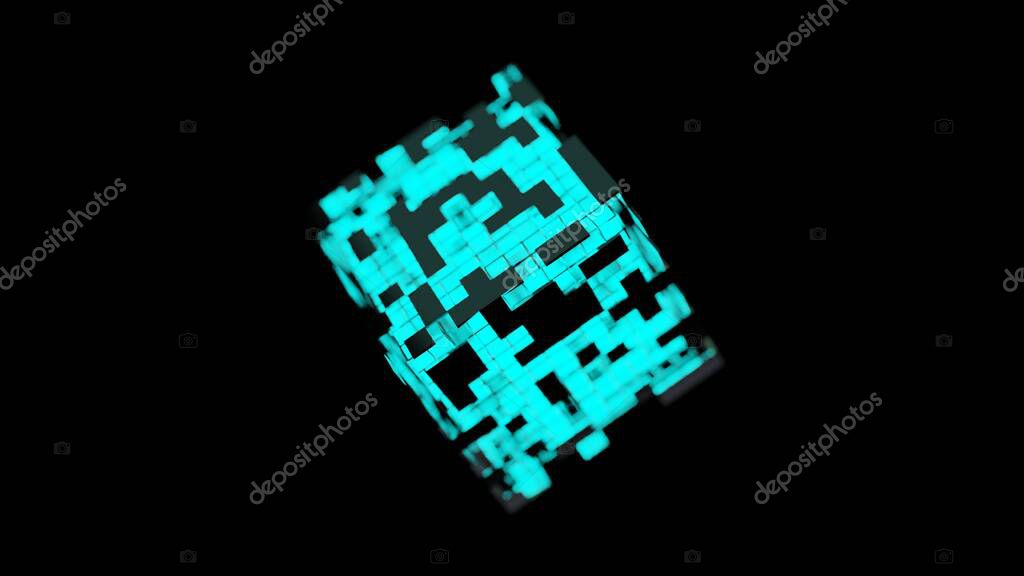 Cubo de luz de neón azul Blockchain Network futurista volando hacia la ...