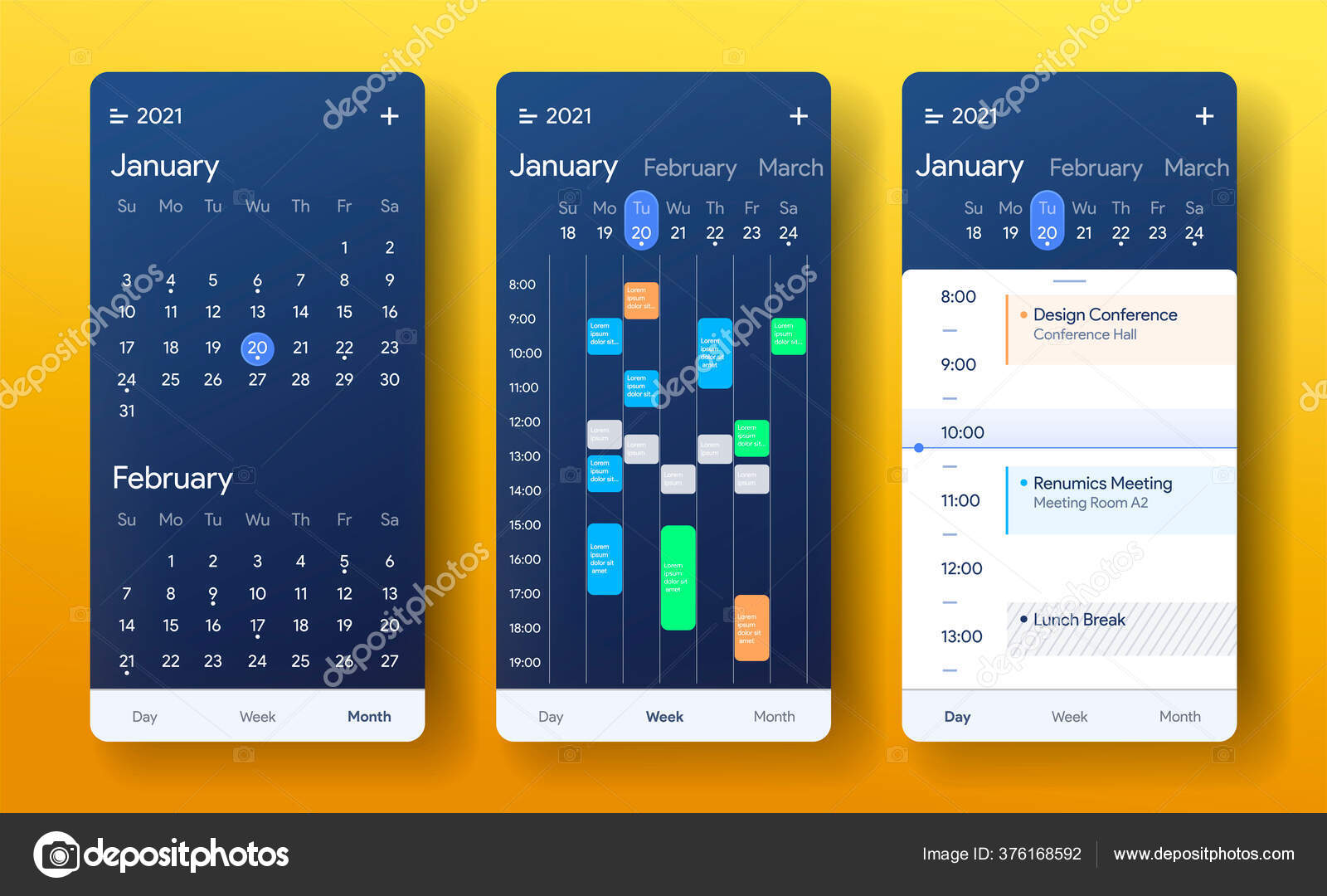 Mobile calendar app. Month, week and day interface application. Daily ...