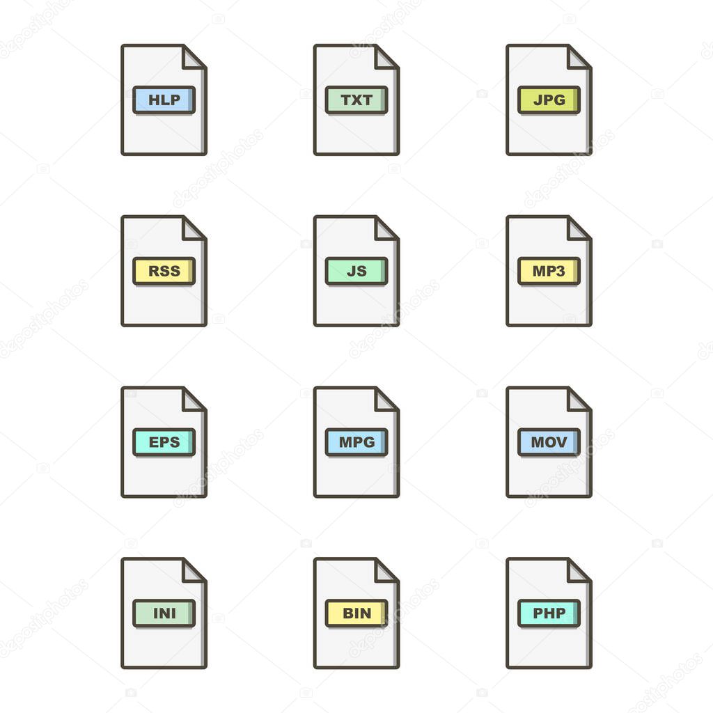 12 Conjunto de iconos de formatos de archivo aislados sobre fondo ...