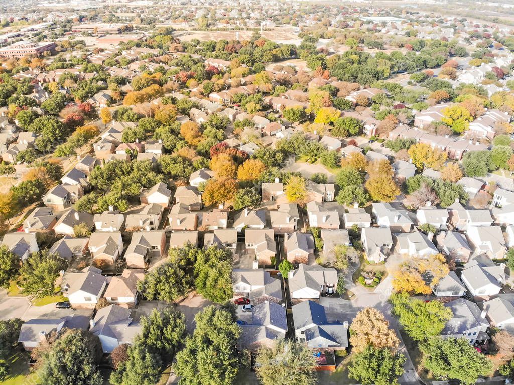 Aerial drone view urban sprawl in suburban Dallas, Texas during fall ...
